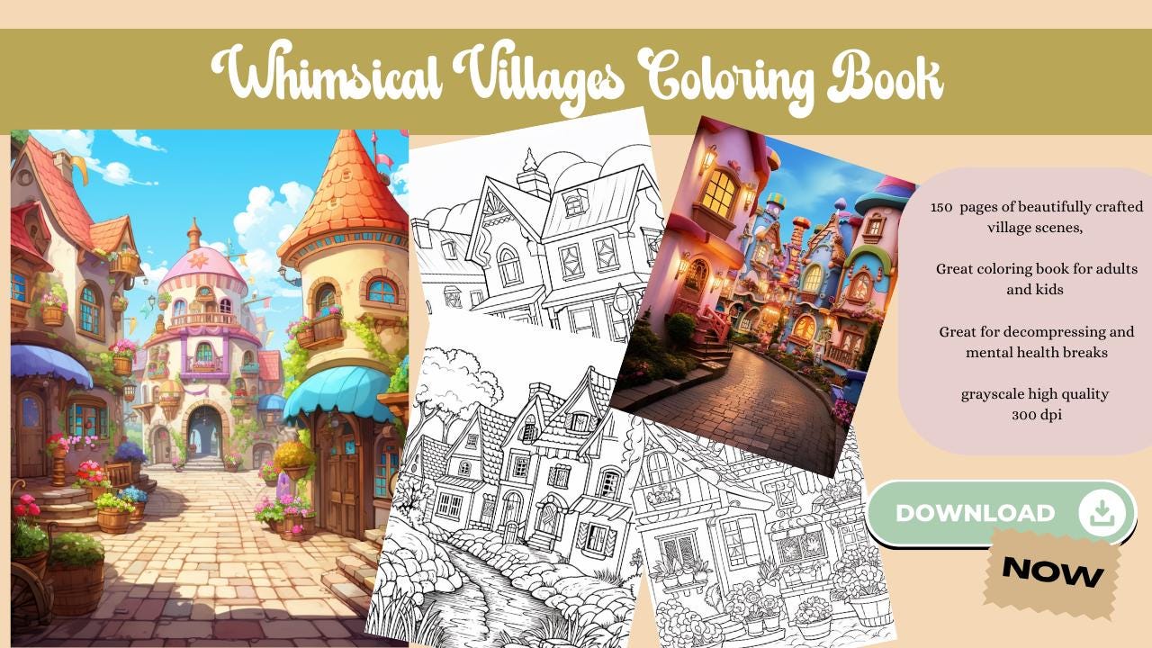 Whimsical Villages Coloring Pages | 150 Pages of Magical Village Scenes ...