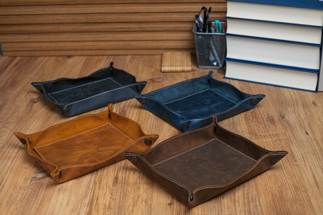 Leather Valet Tray, Handmade Desk Organizer, Personalized Leather Empty ...