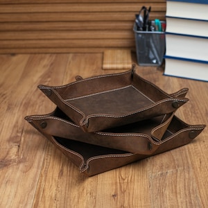 Leather Valet Tray, Handmade Desk Organizer, Personalized Leather Empty ...
