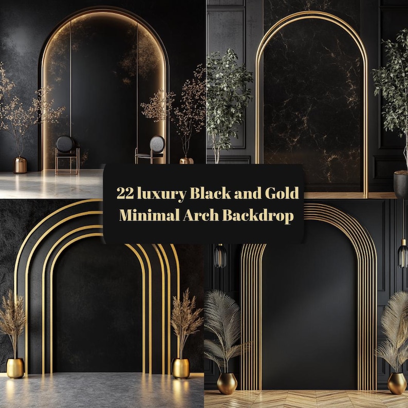 Luxury Black and Gold Minimal Arch Backdrop Set, Digital Background, Digital Backdrop, Digital ...