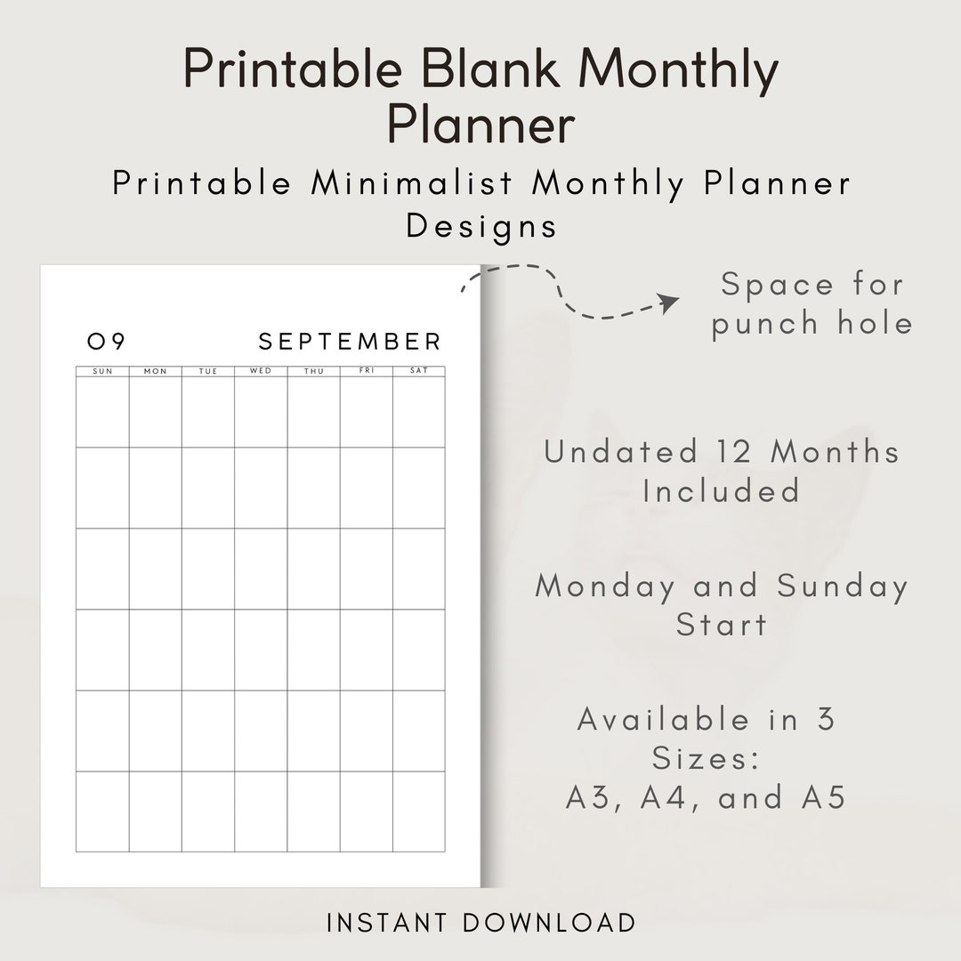 Printable Blank Monthly Calendar Minimalist Monthly Planner Sunday and ...