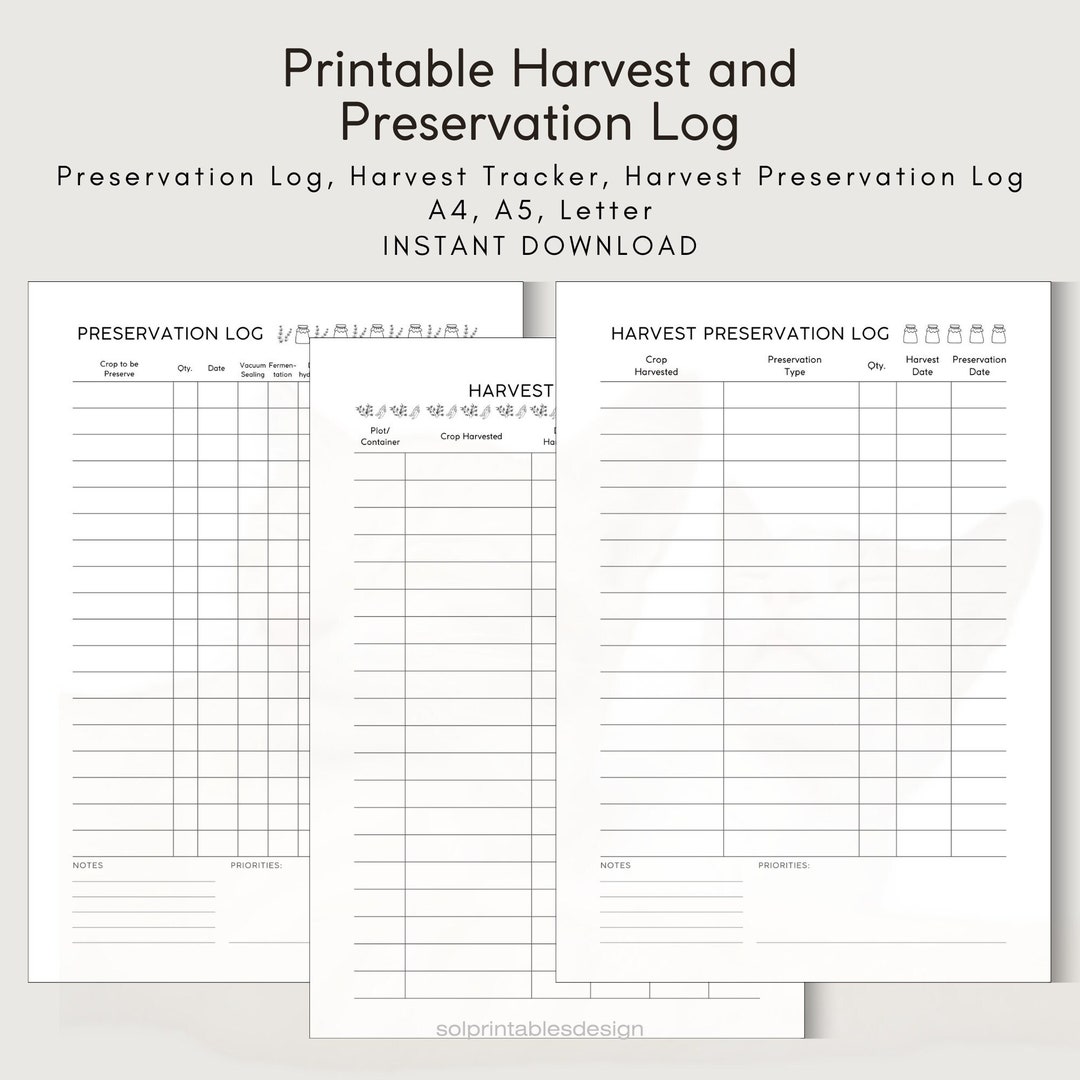 Printable Harvest and Preservation Log | Harvest Tracker | Harvest ...