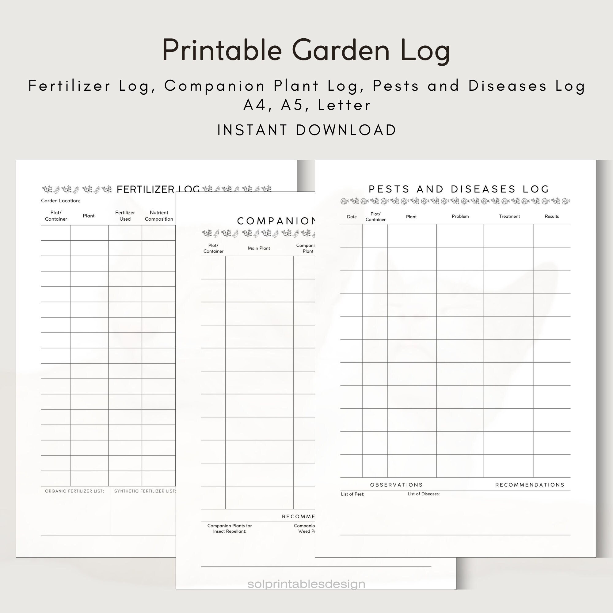 Printable Garden Log | Pests and Diseases Log | Companion Plant Log ...