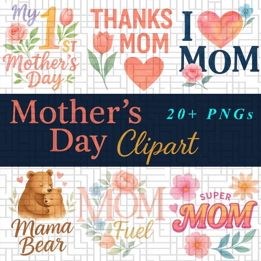 Happy Mothers Day PNG Clipart Bundle, Mom Watercolor Mother's Day ...