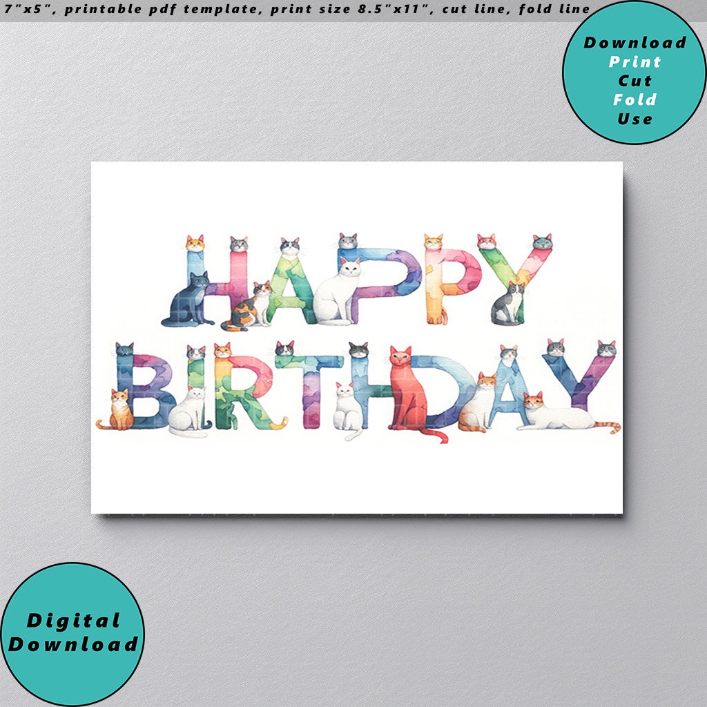 Cats Happy Birthday Card Digital Download, Printable, Print at Home ...