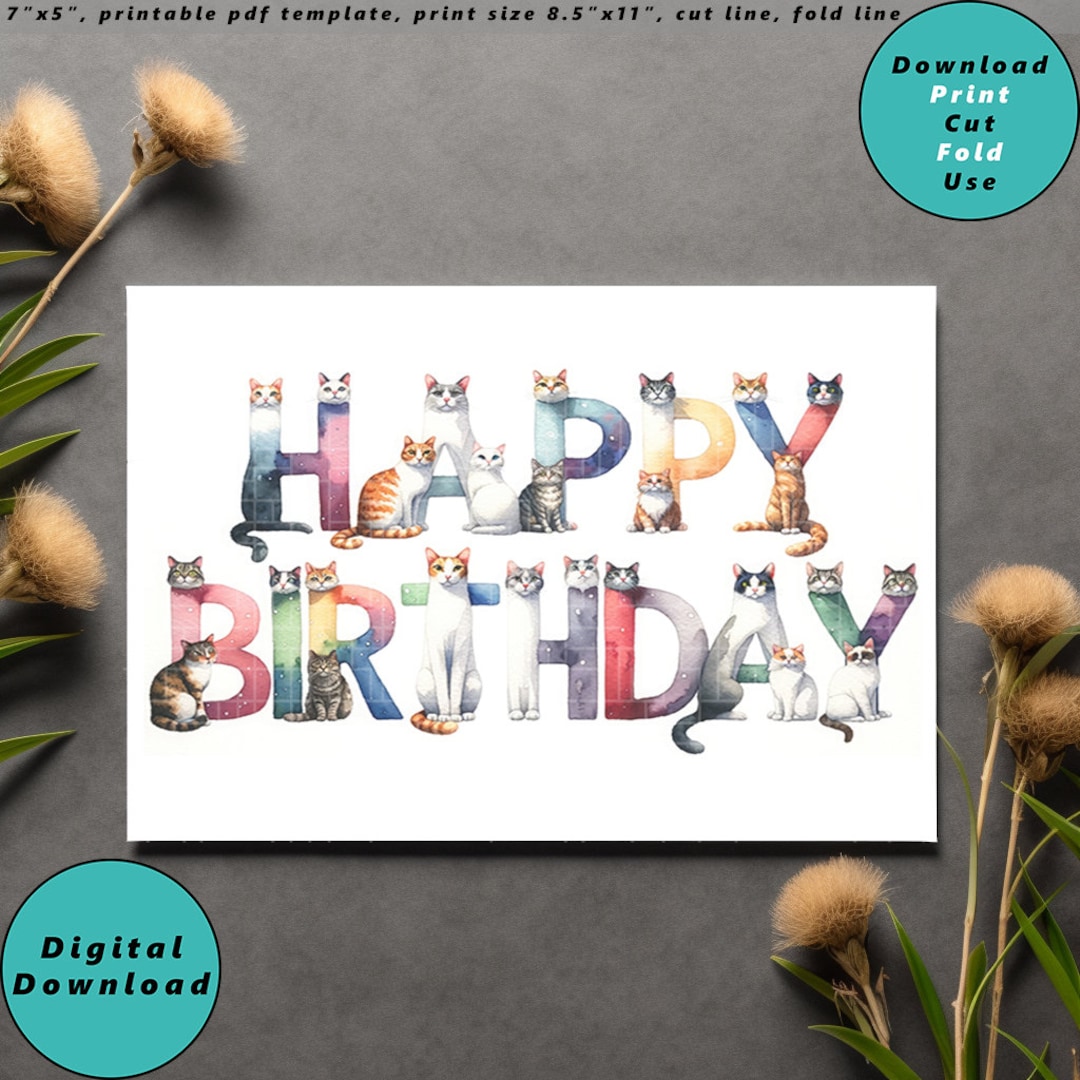 Cat Themed Happy Birthday Card Print at Home, Digital Download ...