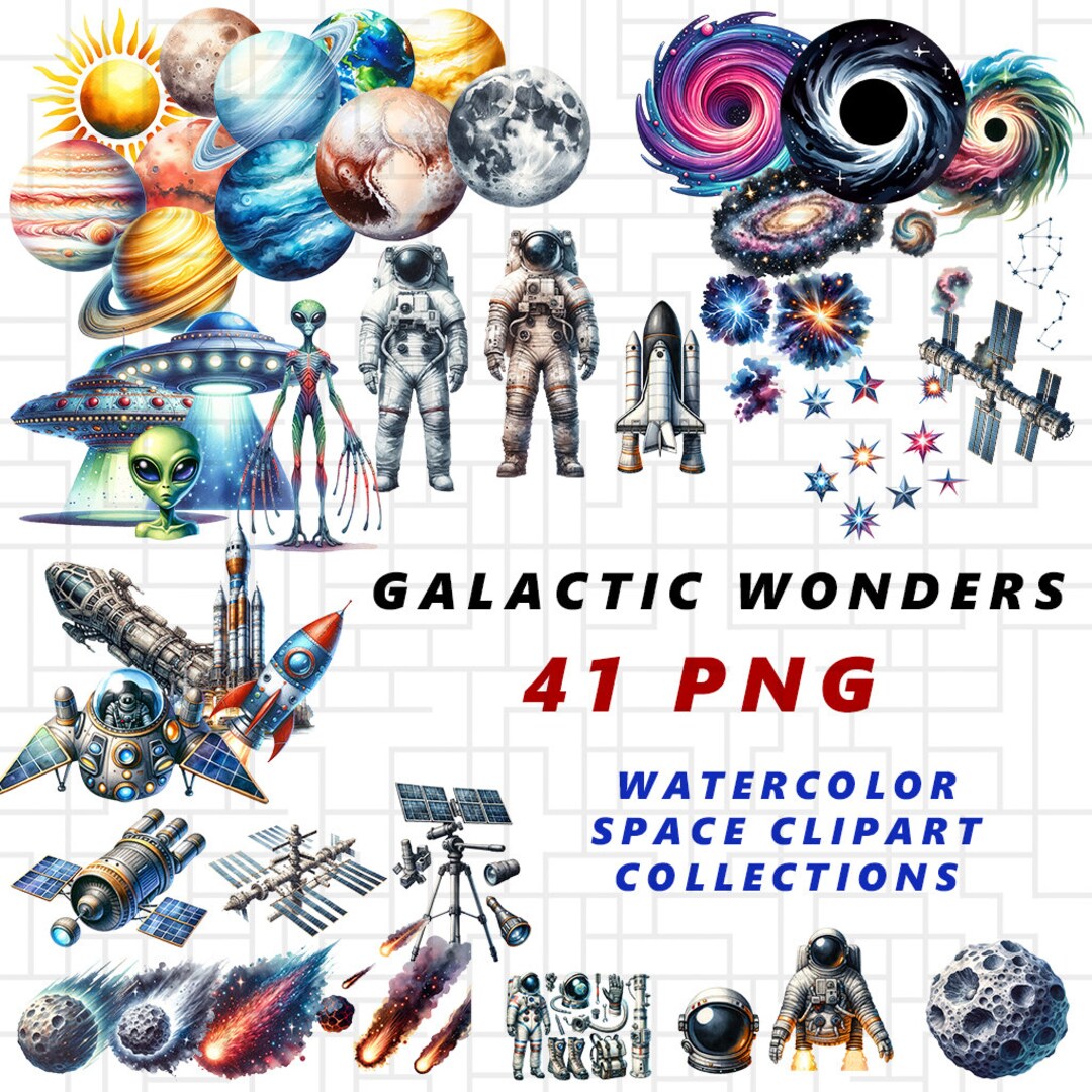 Watercolor Clipart Bundle Set PNG Planets, Outer Space, Solar System ...
