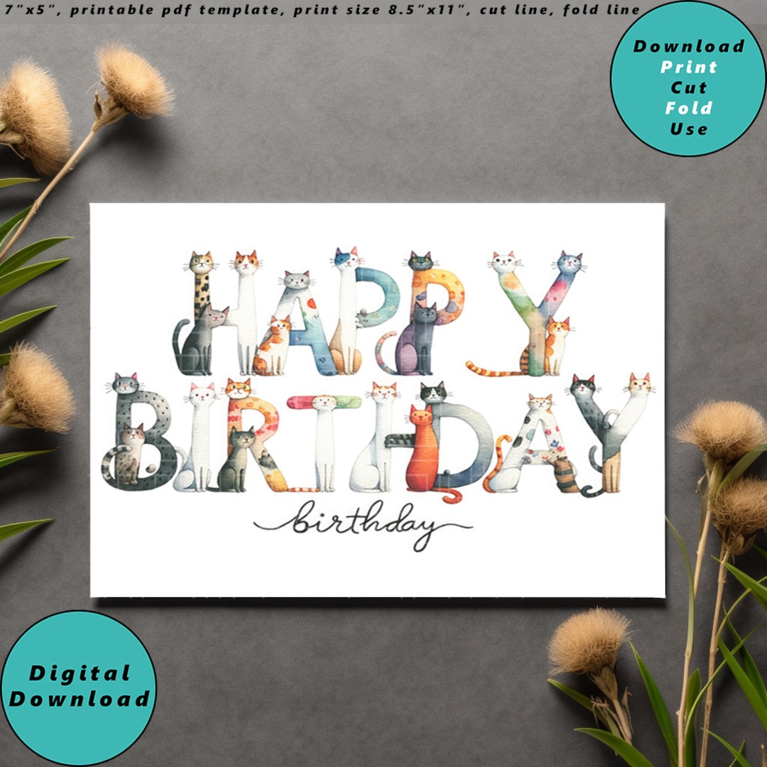 Cat Printable Happy Birthday Card, Print at Home, Digital Download ...