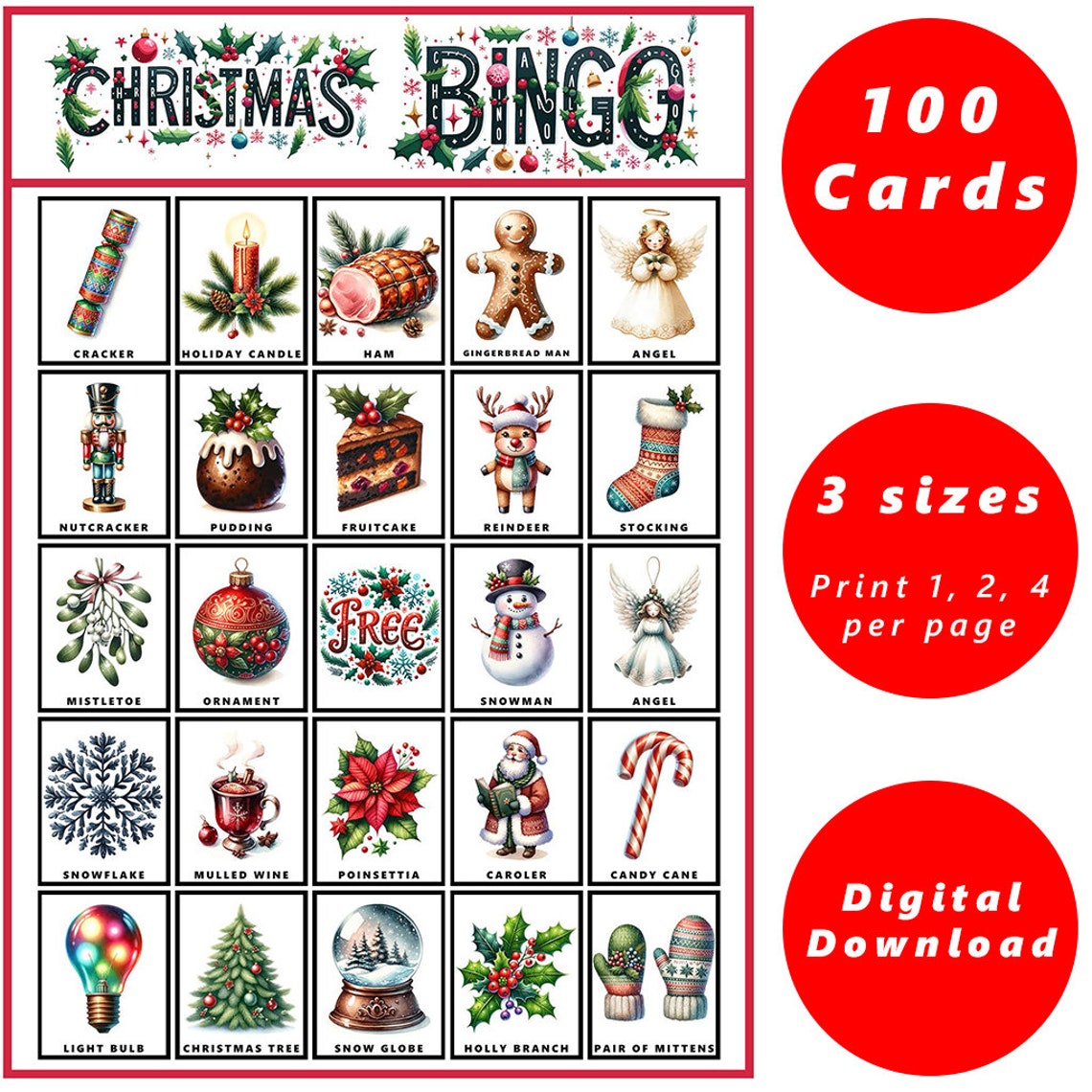 100 Christmas Bingo Game, Christmas Bingo Cards, Christmas Bingo Boards ...