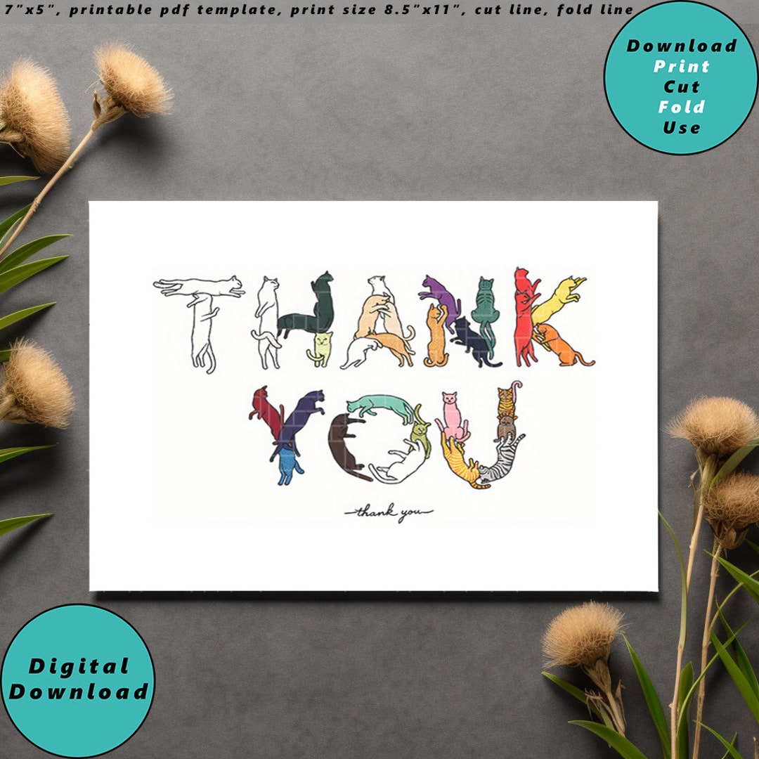 Printable at Home Cat Theme Thank You Card Colorful, Digital Download ...