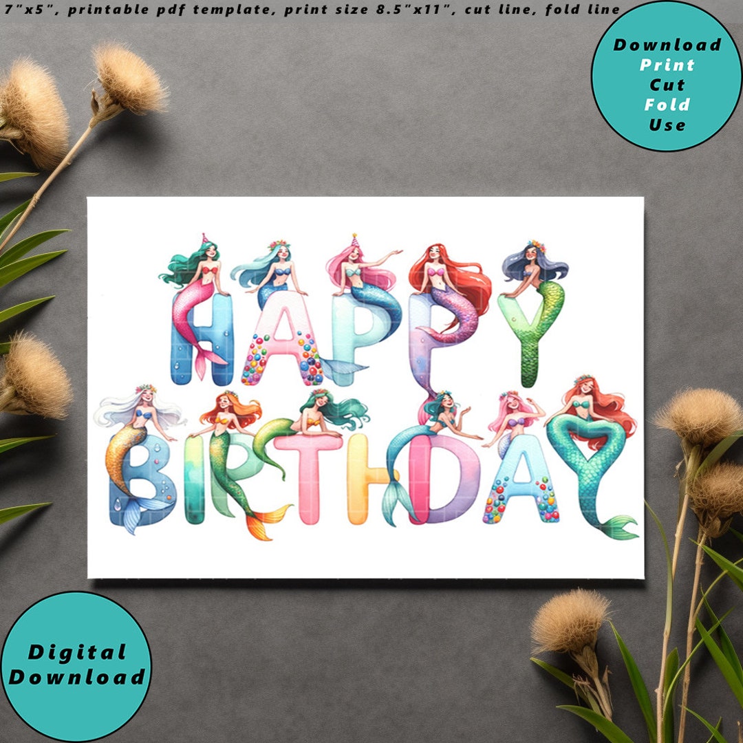 Colorful Mermaid Birthday Card Printable, Mermaid Lovers, Digital ...