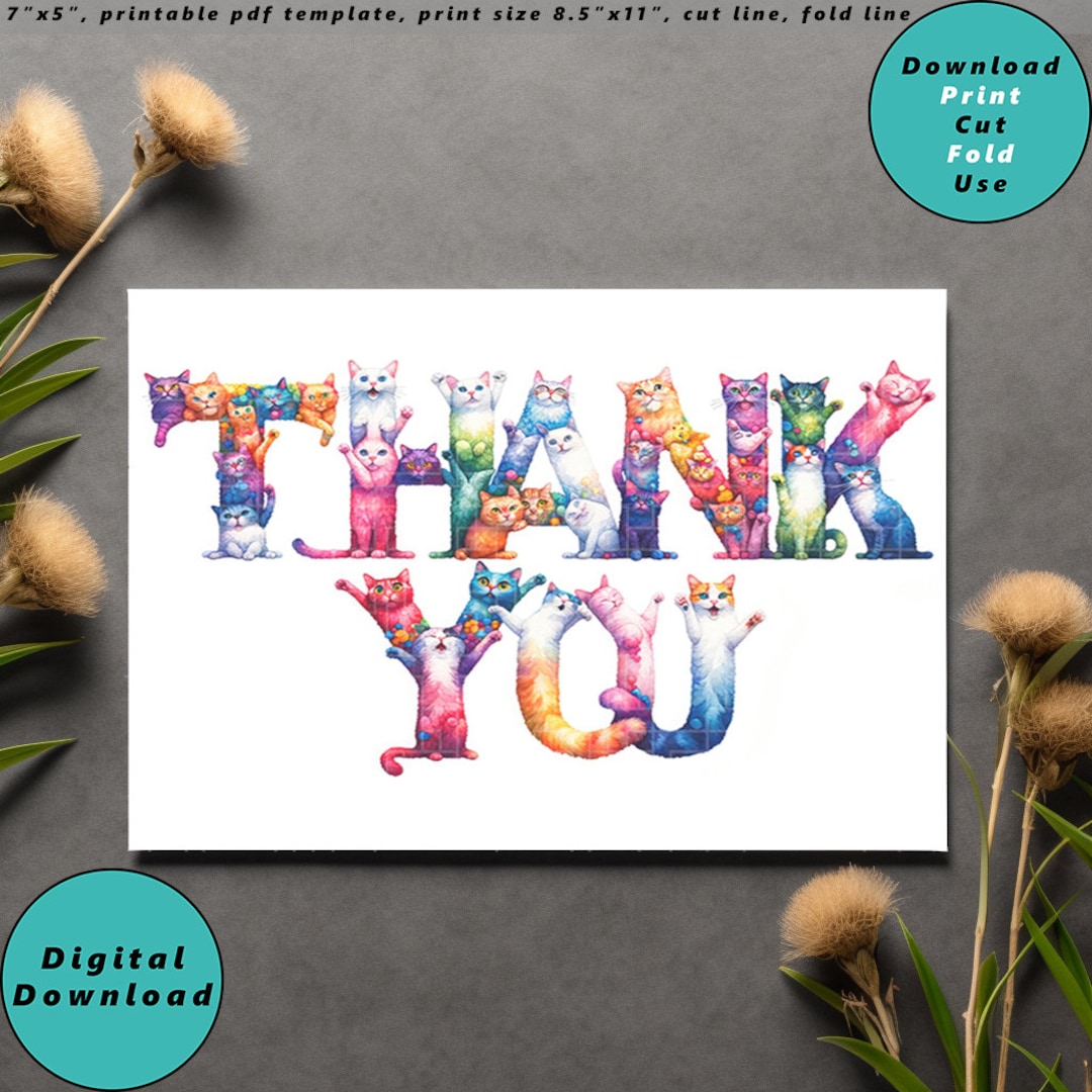 Cat Thank You Card Colorful, Digital Download, Print at Home, Printable ...