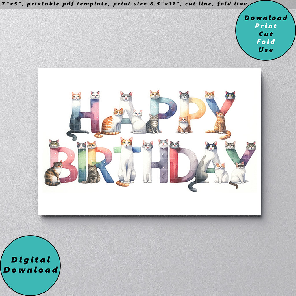 Cat Themed Happy Birthday Card Print at Home Digital - Etsy