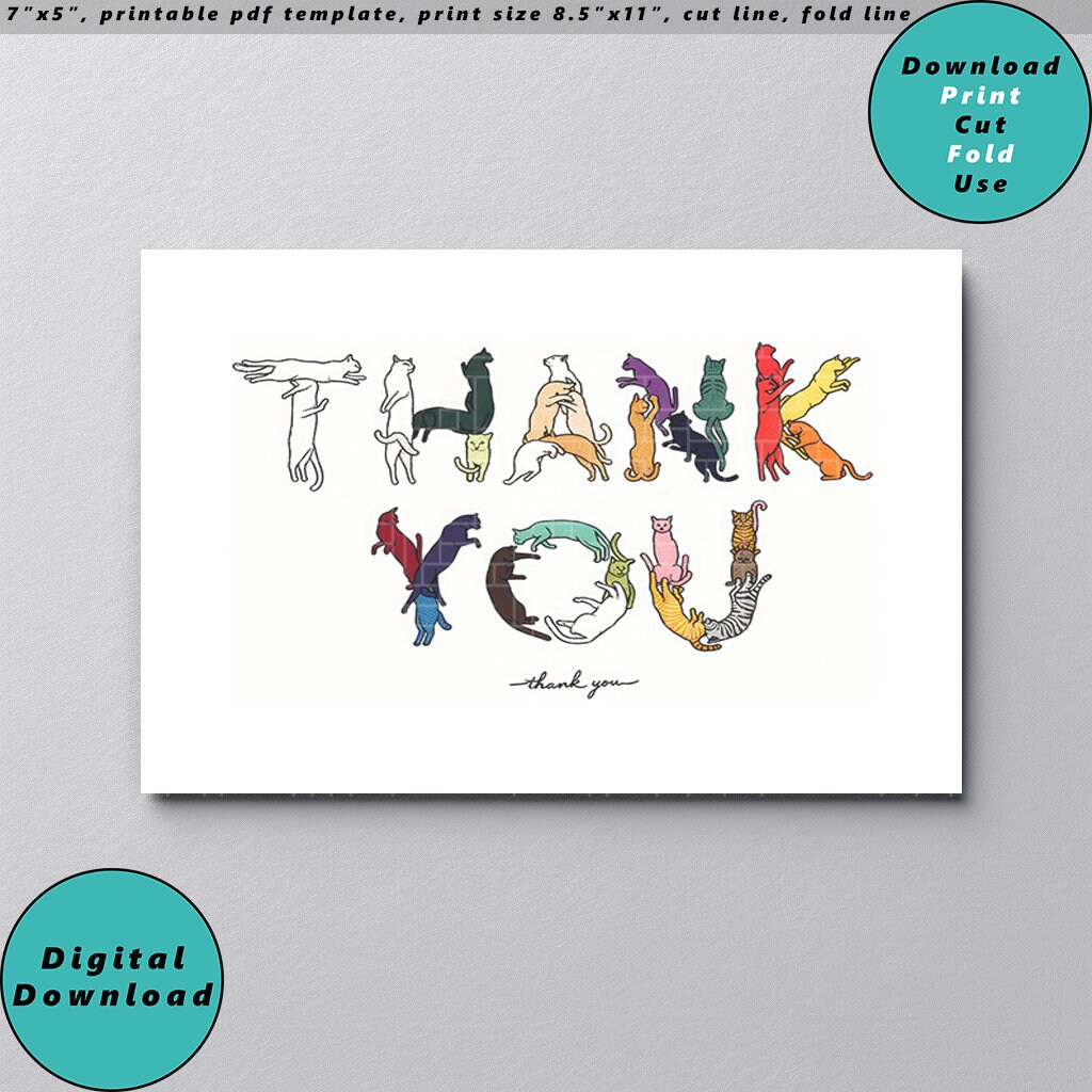 Printable at Home Cat Theme Thank You Card Colorful, Digital Download ...