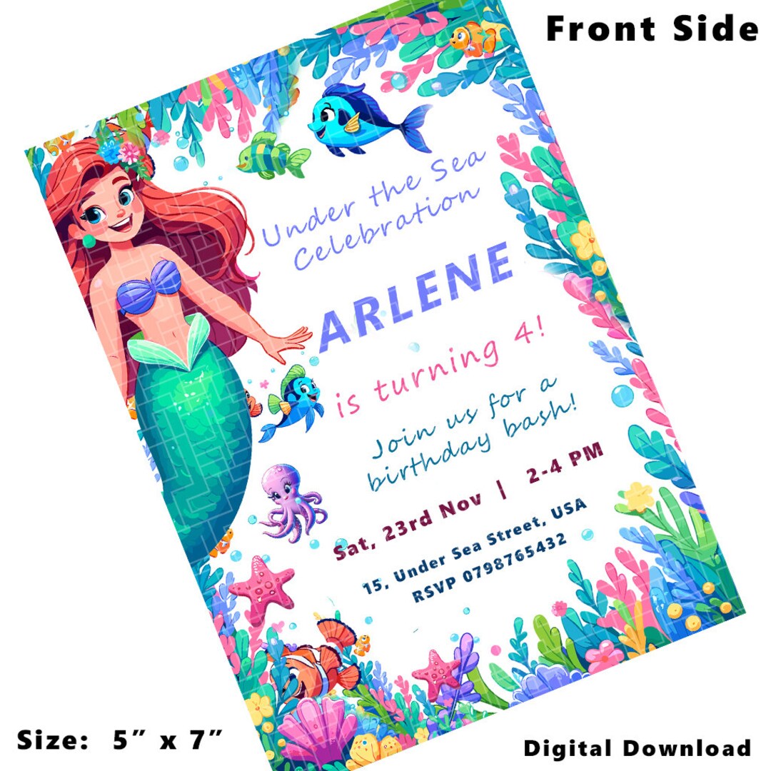 Mermaid Birthday Card Invitation Template, Little Mermaid Party Under ...