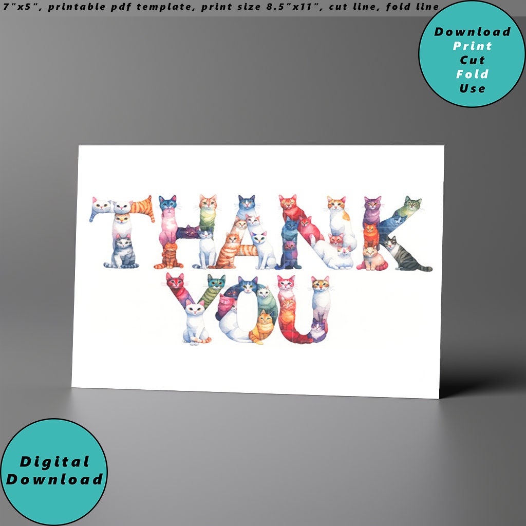 Colorful Cat Thank You Card, Print at Home, Digital Download, Printable ...