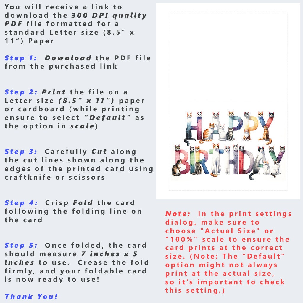 Cat Themed Happy Birthday Card Print at Home, Digital Download ...