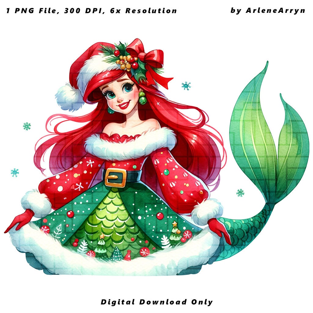 Little Mermaid Christmas PNG, Mermaid Christmas Clipart PNG, Mermaid ...