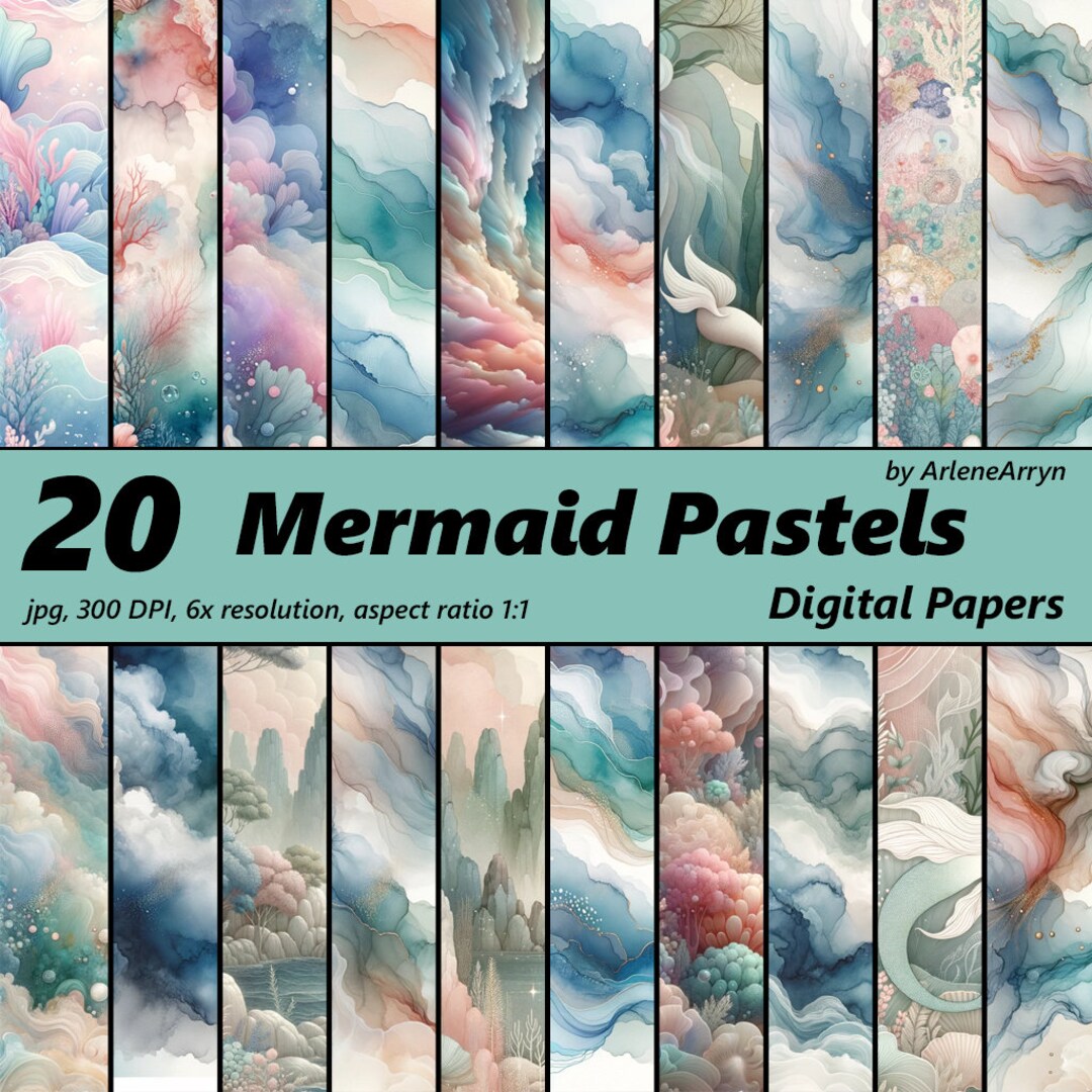 20 Mermaid Digital Paper Pastels Pattern Unique, Scrapbook Pages ...