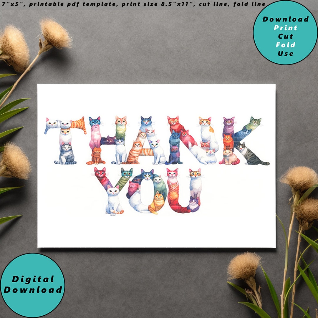 Colorful Cat Thank You Card, Print at Home, Digital Download, Printable ...