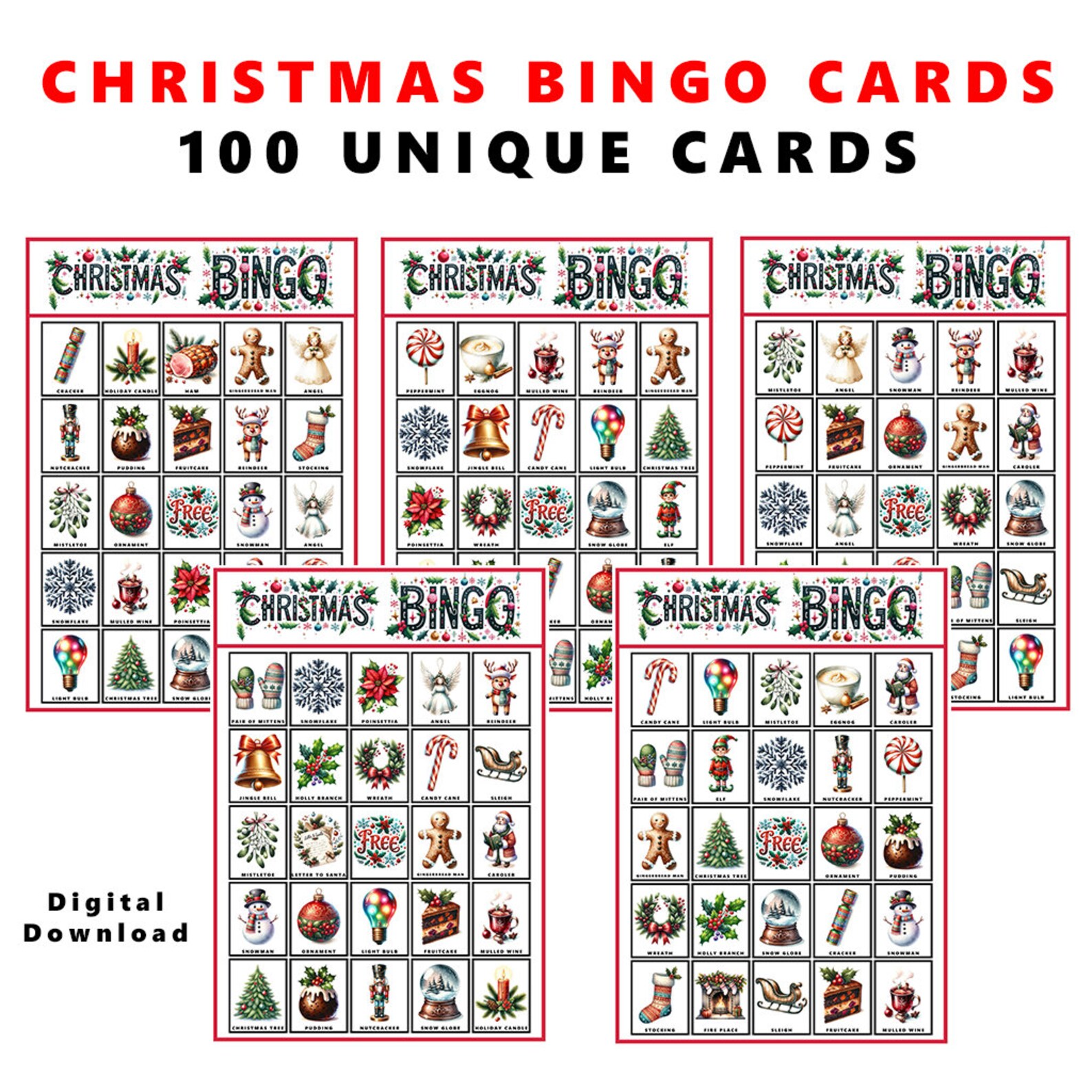 100 Christmas Bingo Game, Christmas Bingo Cards, Christmas Bingo Boards ...
