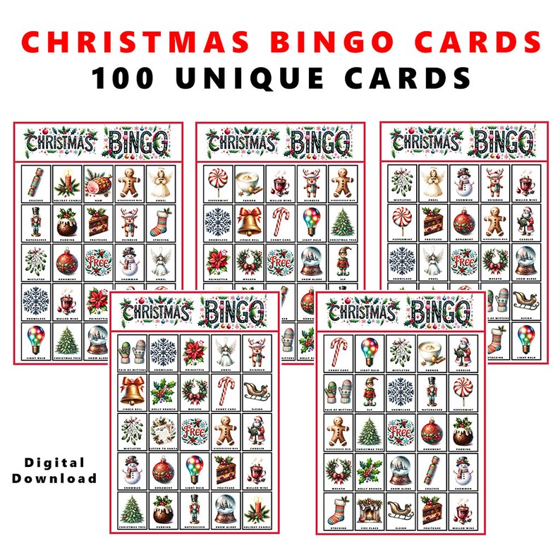 100 Christmas Bingo Game, Christmas Bingo Cards, Christmas Bingo Boards ...