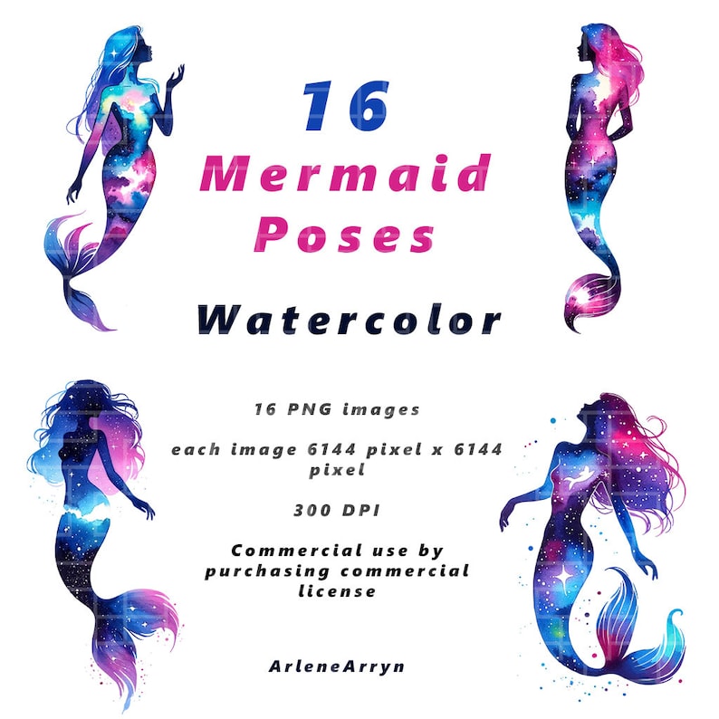 Mermaid PNG Poses, Cute Mermaid Clipart PNG, Mermaid Watercolor Clipart ...
