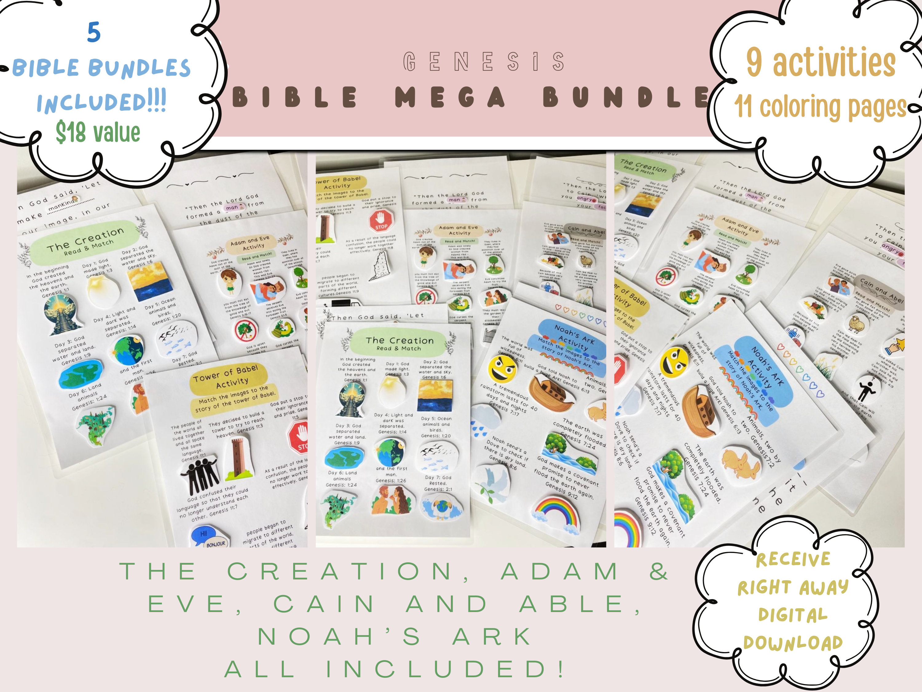 Genesis Bible Activity Bundle, Bible Story Printable, 20 Pages ...