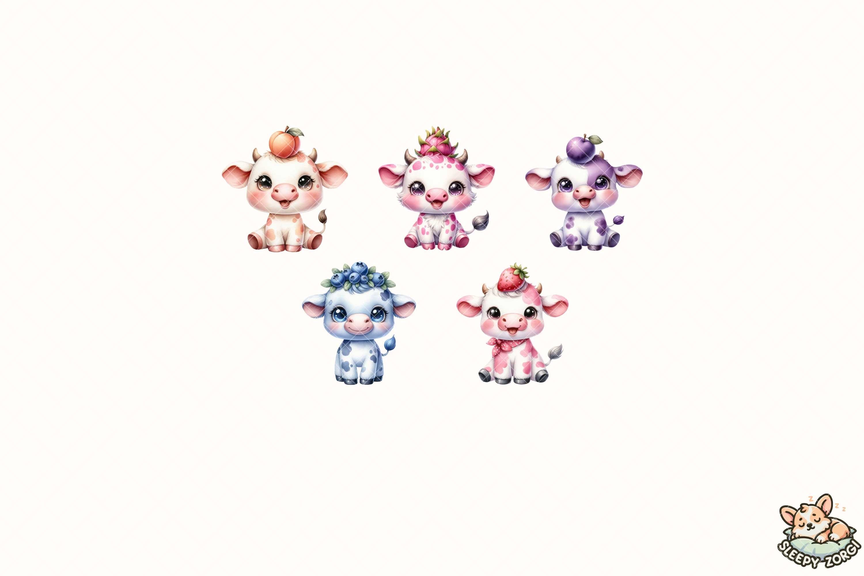 Cute Fruit Cows Watercolor Clipart, Kawaii Cows PNG, Strawberry ...