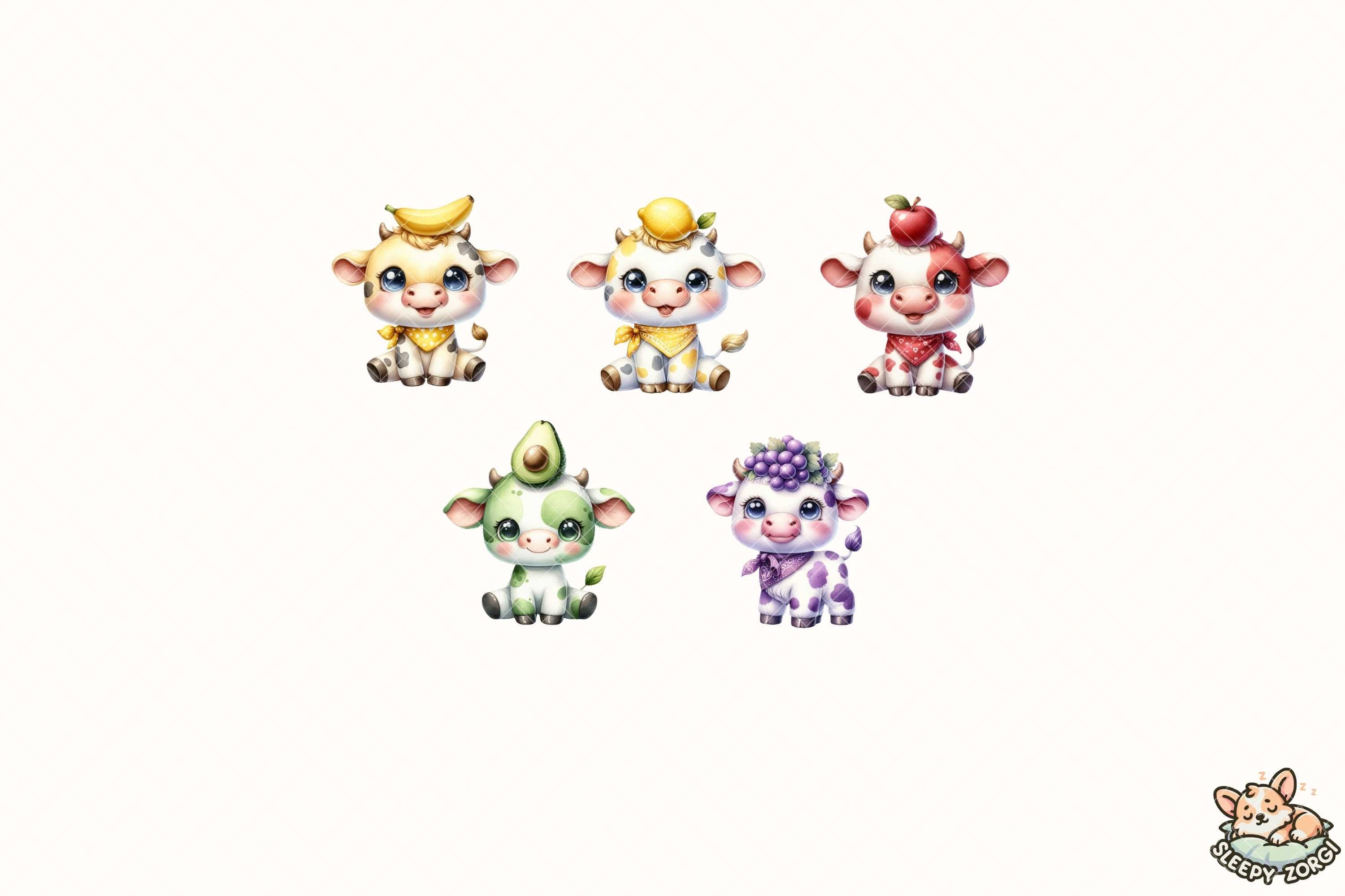 Cute Fruit Cows Watercolor Clipart, Kawaii Cows PNG, Strawberry ...