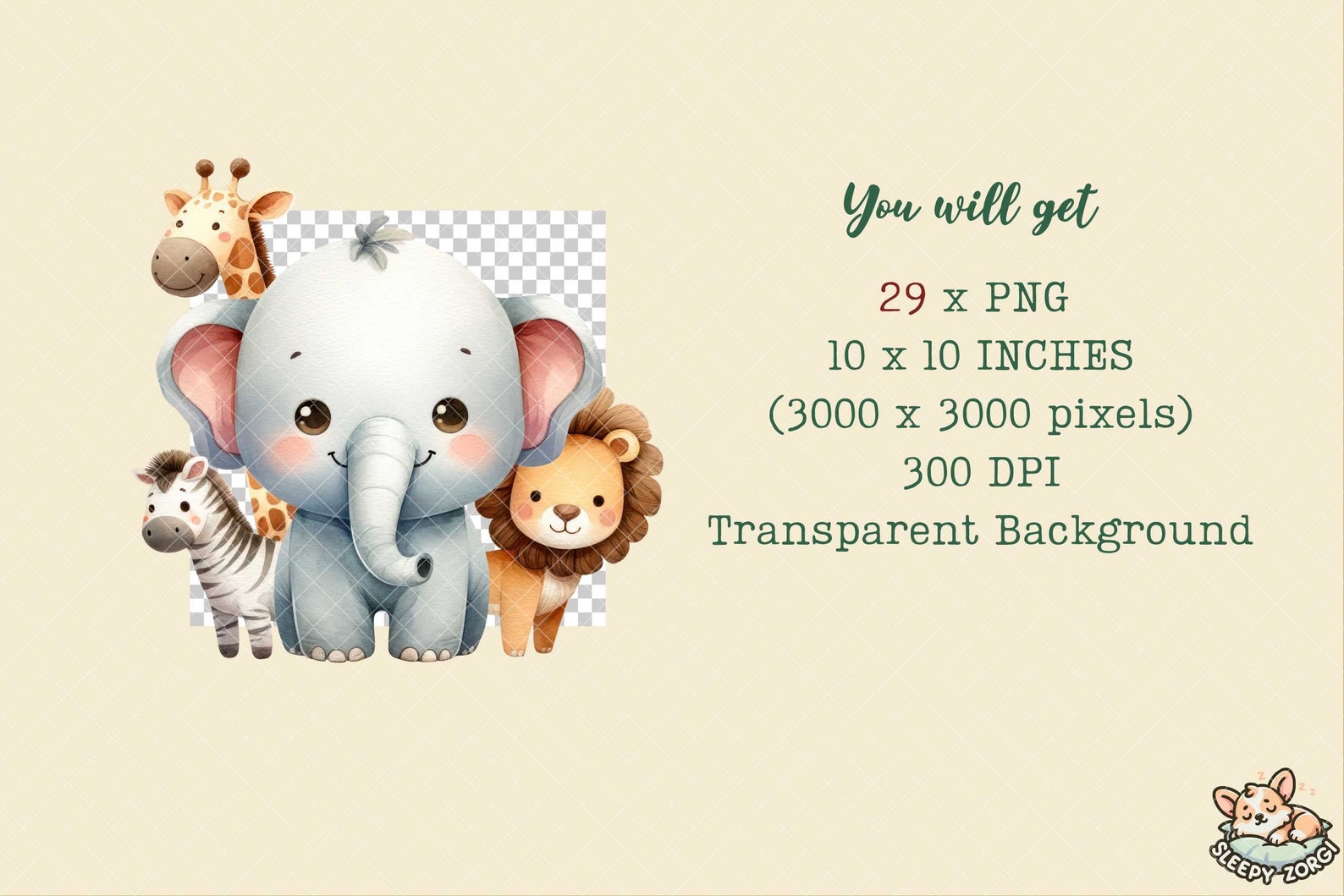 Cute Watercolor Safari Animals Clipart, Baby Jungle Animals, Africa ...
