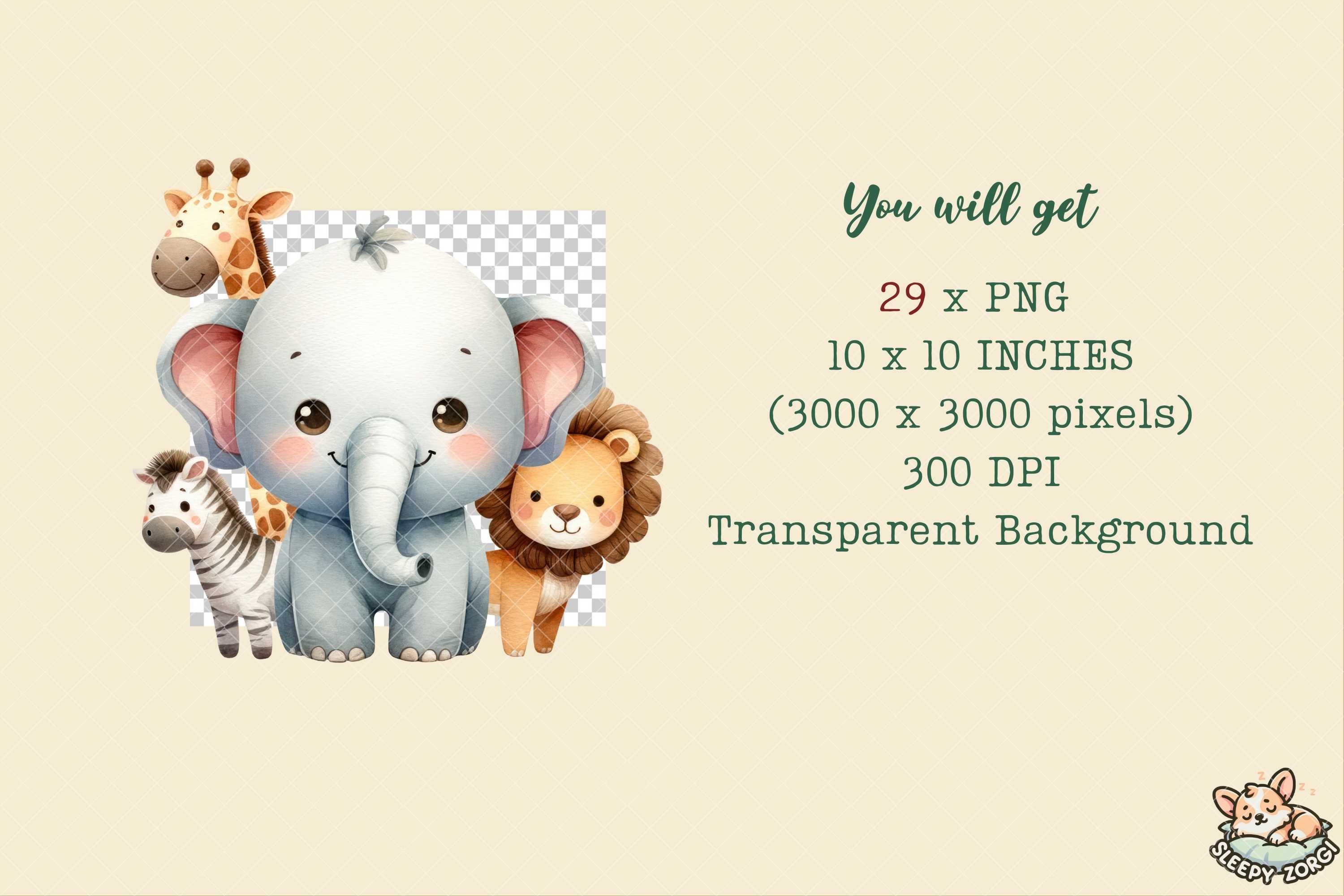 Cute Watercolor Safari Animals Clipart, Baby Jungle Animals, Africa ...