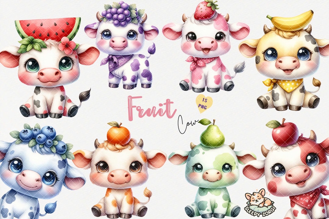 Cute Fruit Cows Watercolor Clipart, Kawaii Cows PNG, Strawberry ...