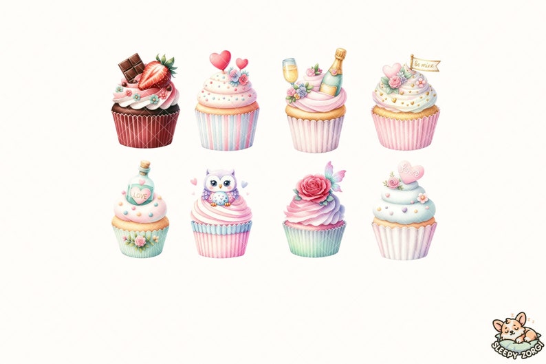 Cute Watercolor Valentine Cupcake Clipart, Dessert, Treats, Love ...
