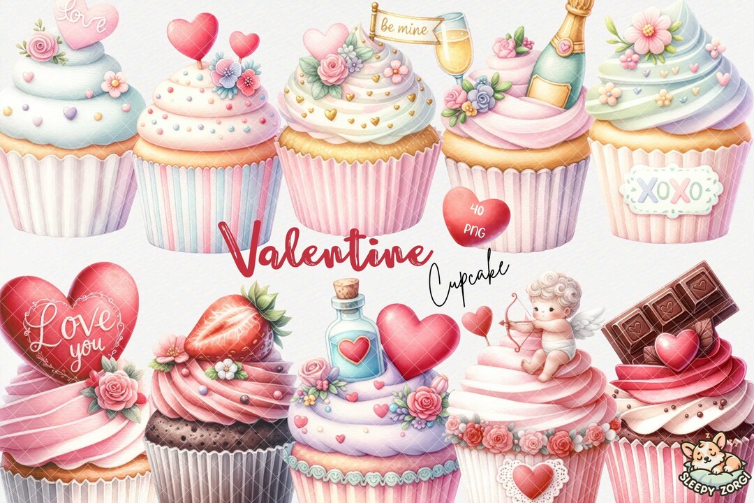 Cute Watercolor Valentine Cupcake Clipart, Dessert, Treats, Love ...