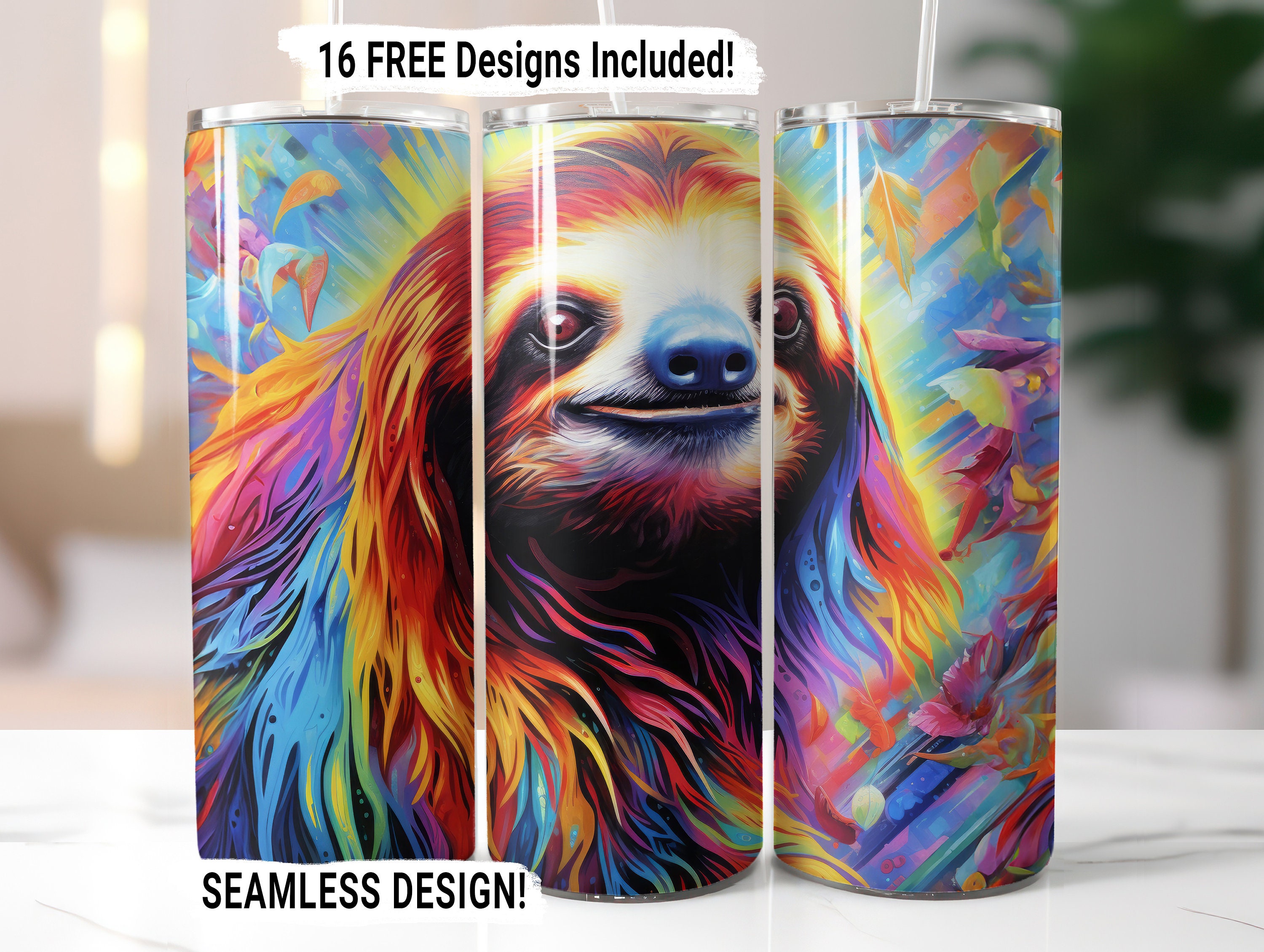 Sloth Neon Tumbler Wrap Seamless Sublimation PNG, 20 Oz Skinny Tumbler ...