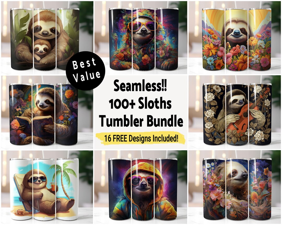 100 Sloths Bundle Tumbler Wrap Seamless Sublimation PNG, 20 Oz Skinny ...