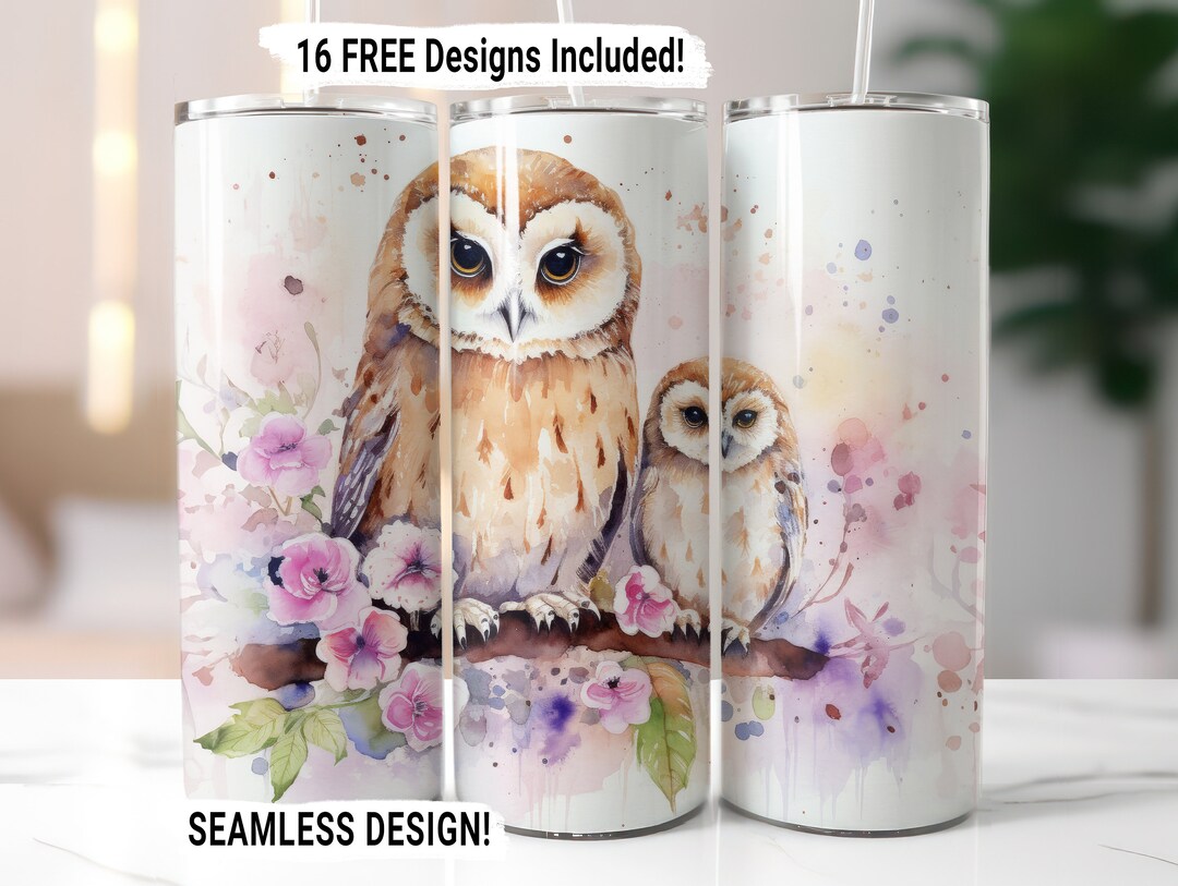 Owl Watercolor Flowers Tumbler Wrap Seamless Sublimation PNG, 20 Oz ...