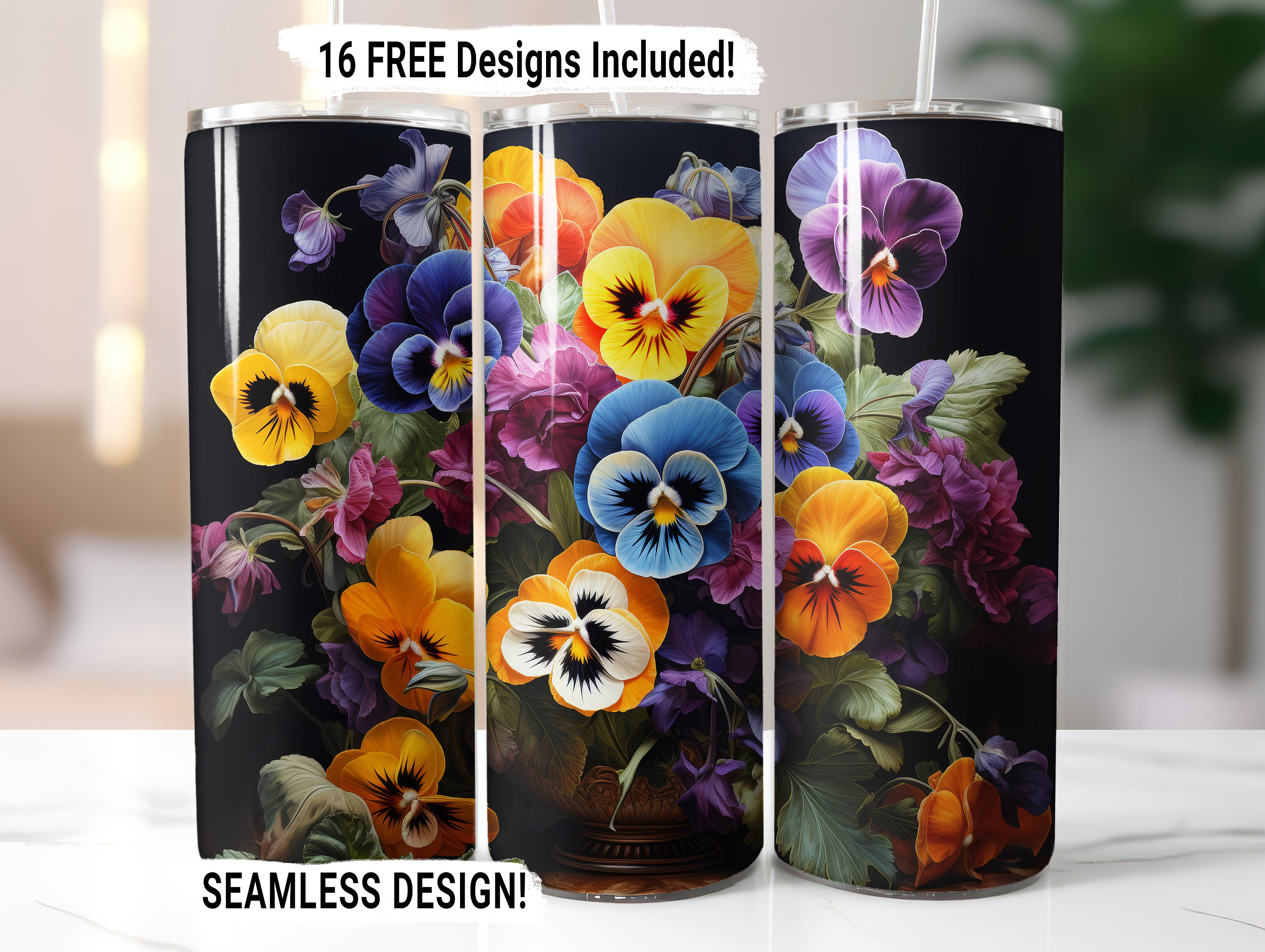 Pansy Flowers Tumbler Wrap Seamless Sublimation PNG, 20 Oz Skinny ...