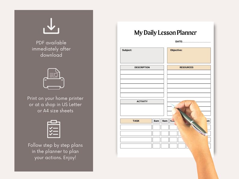 Printable One Page Lesson Planner, School Planner, Academic Planner ...