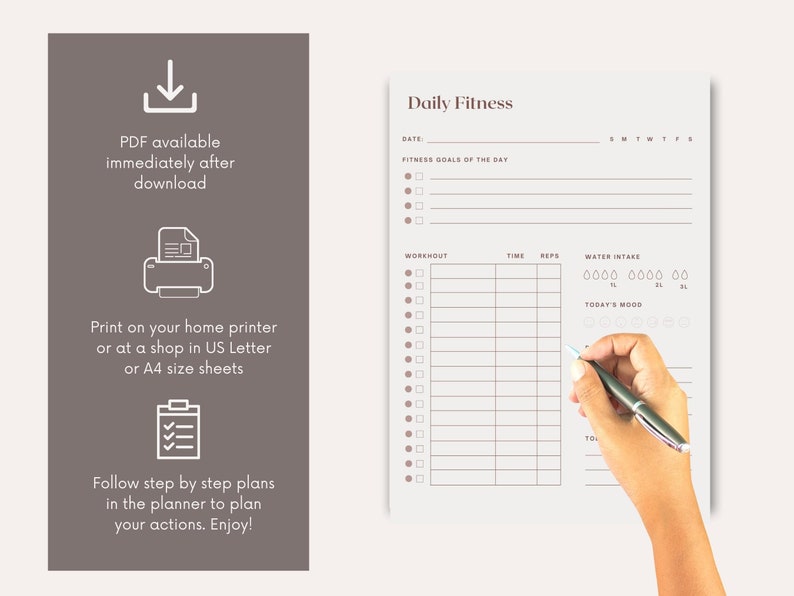 Printable Daily Fitness Planner, One-page Workout Planner, Instant ...