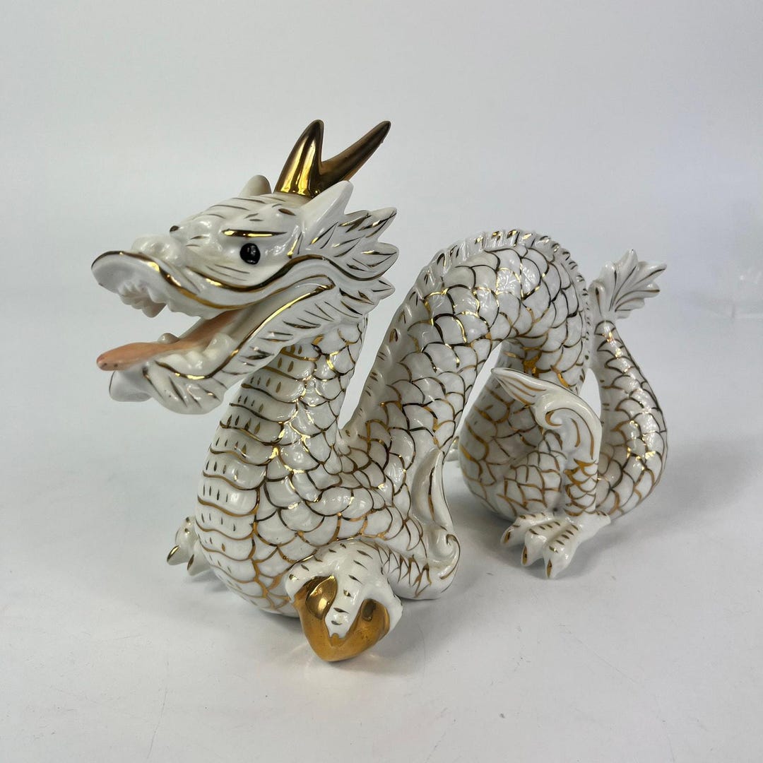 Vintage Small Chinese Porcelain Dragon Figurine Gold White Feng Shui ...