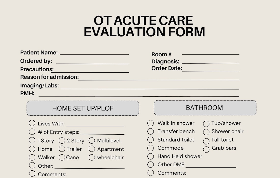 Digital Download Pdf-occupational Therapy Evaluation Form-acute Care - Etsy