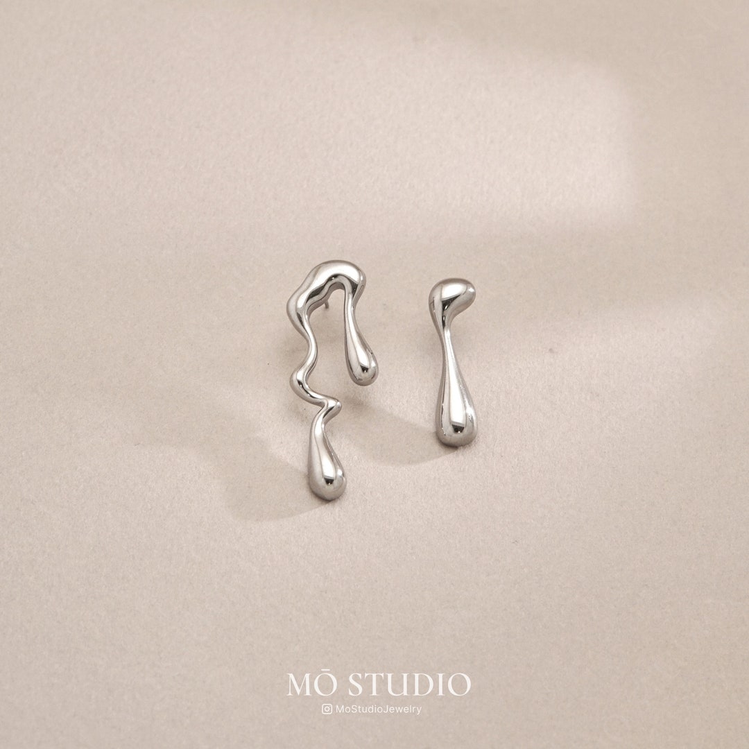 Mismatched Abstract Teardrop Earring Silver, Minimalist Asymmetrical Silver Statement Lava Stud ...