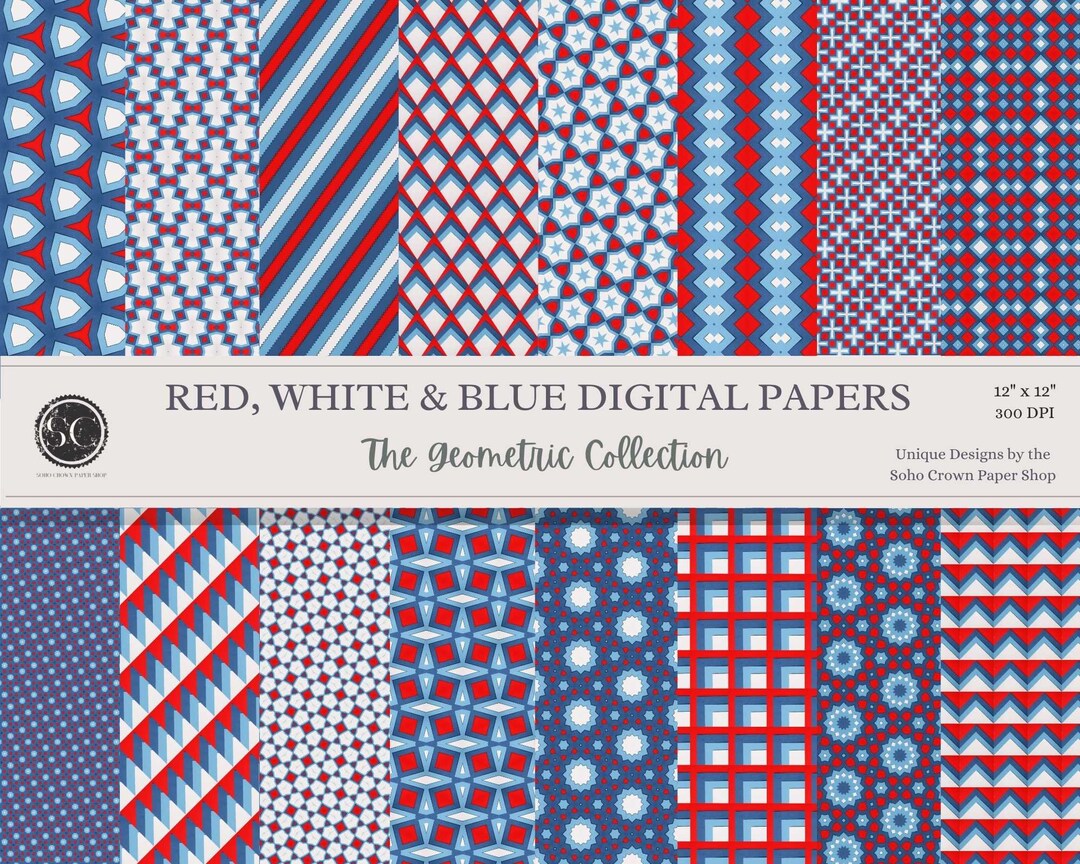 16 Geometric Red White & Blue Digital Papers - Unique Designed Digital ...