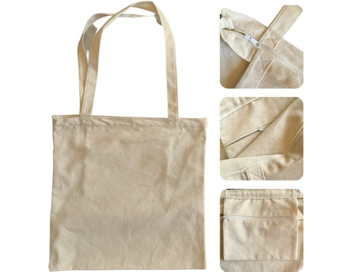 Blank Tote Bags With Zipper and Pocket Plain Bags Cotton Canvas Tote ...