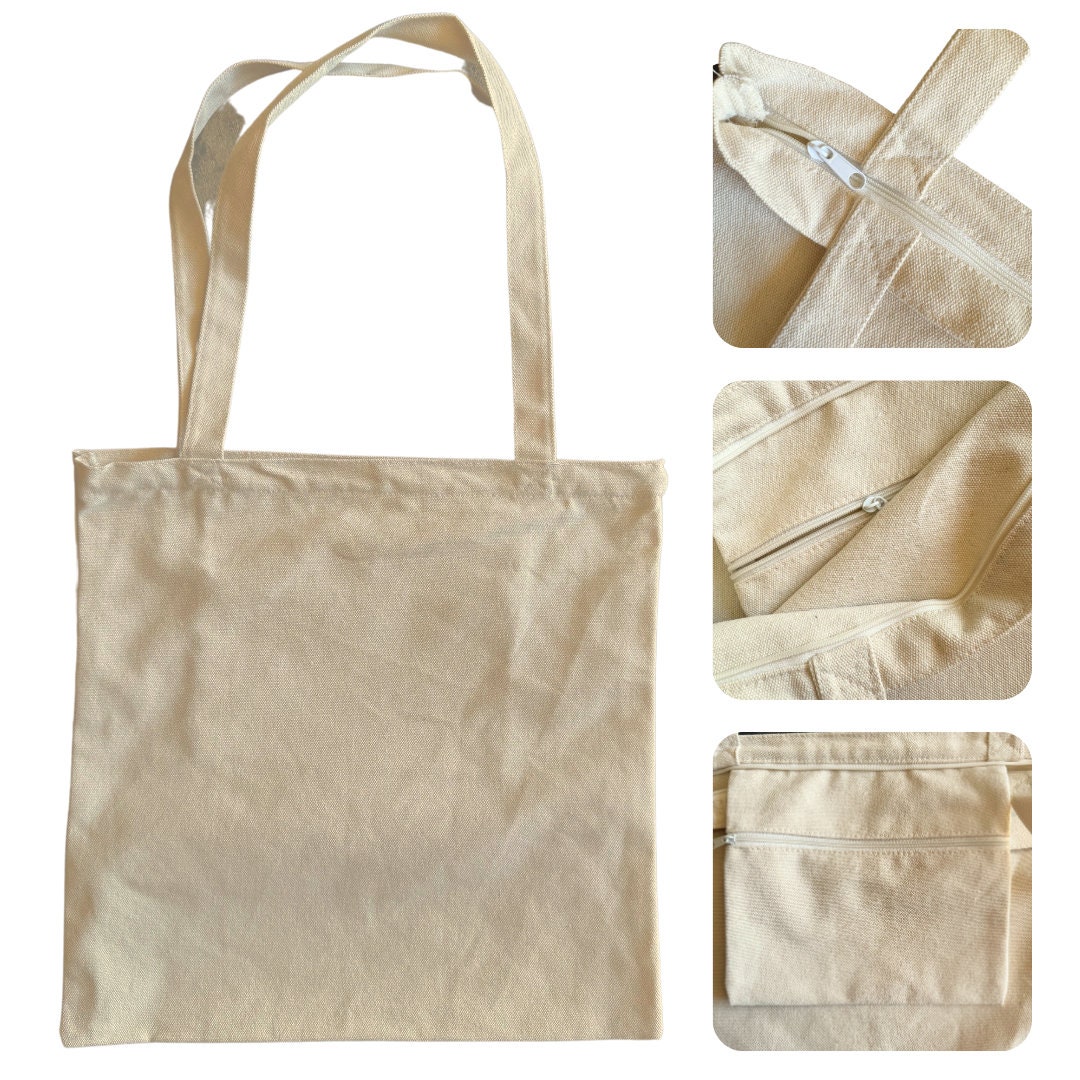 Blank Tote Bags With Zipper and Pocket Plain Bags Cotton Canvas Tote ...