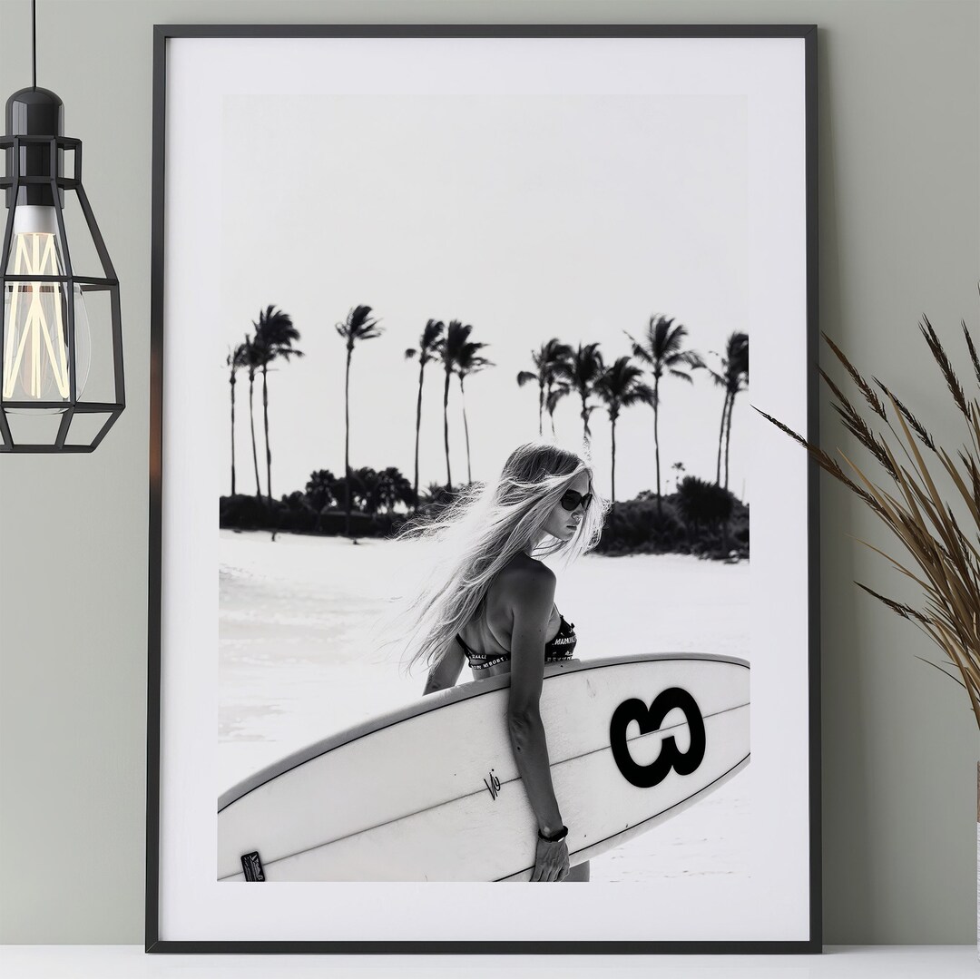 Surfboard Poster, Summer Black and White Photography of a Woman on a ...
