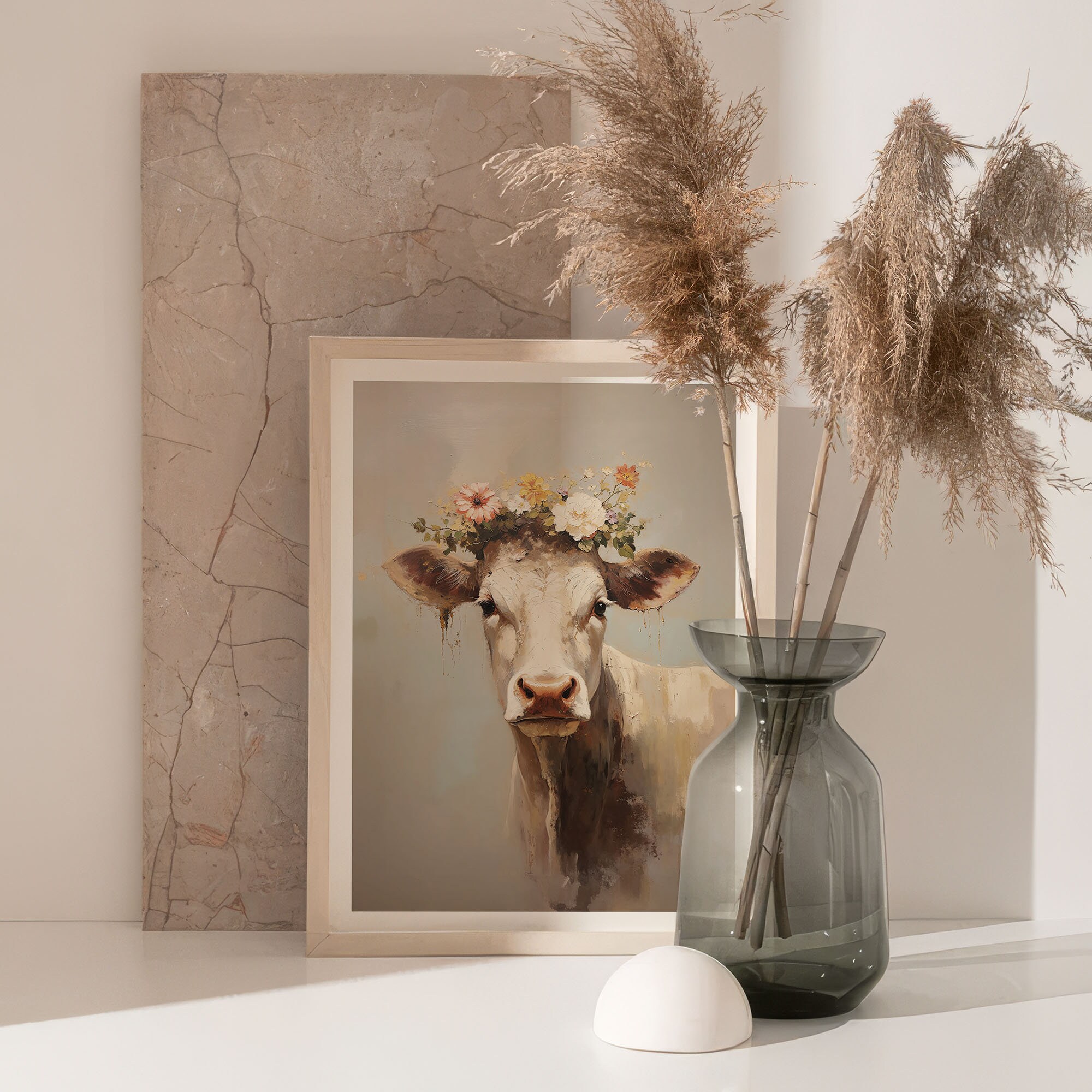 Cow With Flower Wreath Poster, Animal Portrait as an Oil Painting, Cow ...