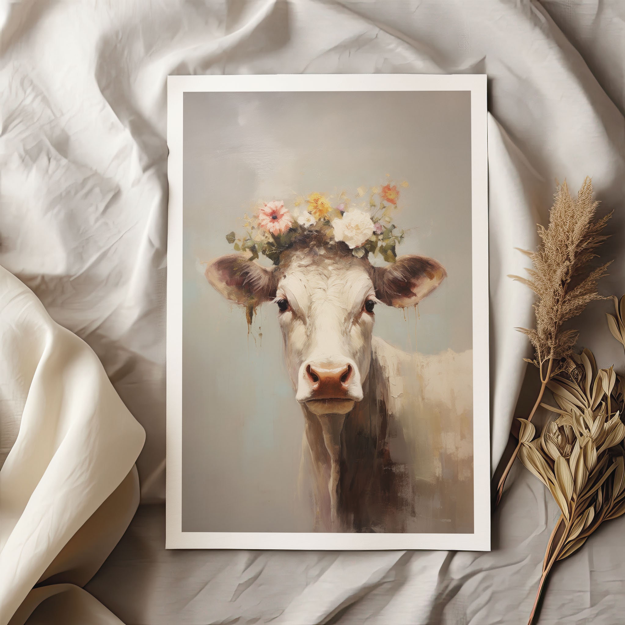 Cow Marie Poster Cow With Flower Wreath Animal Portrait - Etsy